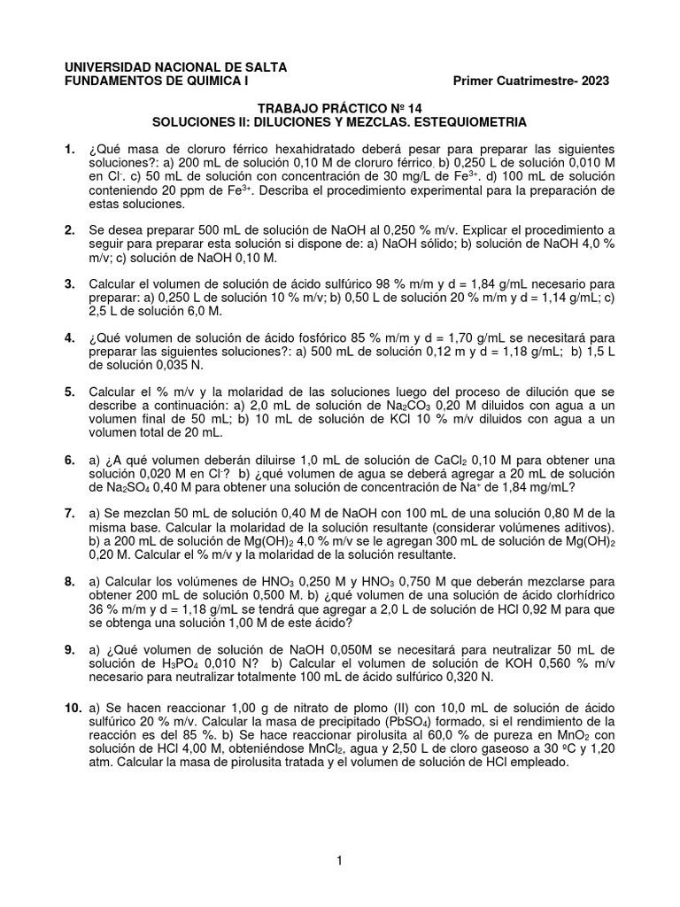 TP 14 Soluciones II | PDF | Concentración | Ácido