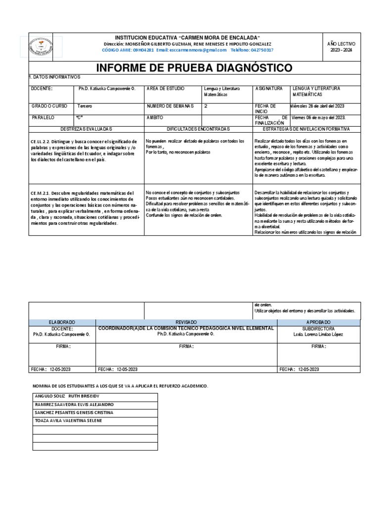 Informe de Prueba Diagnostica-2023 | PDF | Lengua española | Lingüística