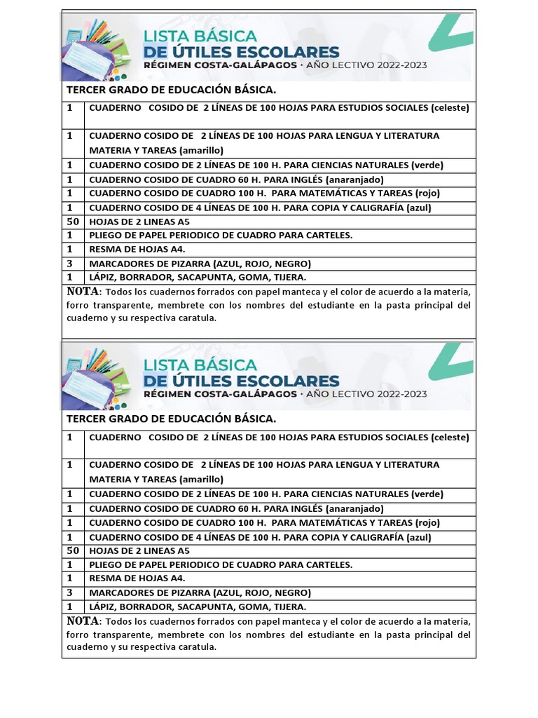 Lista de Utilies Escolares Tercero C 2023 - 2024 | PDF