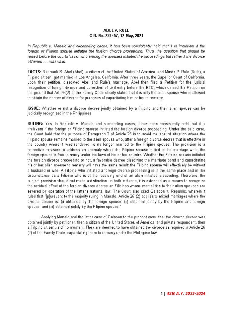 Abel v. Rule (Article 26, Family Code) | PDF