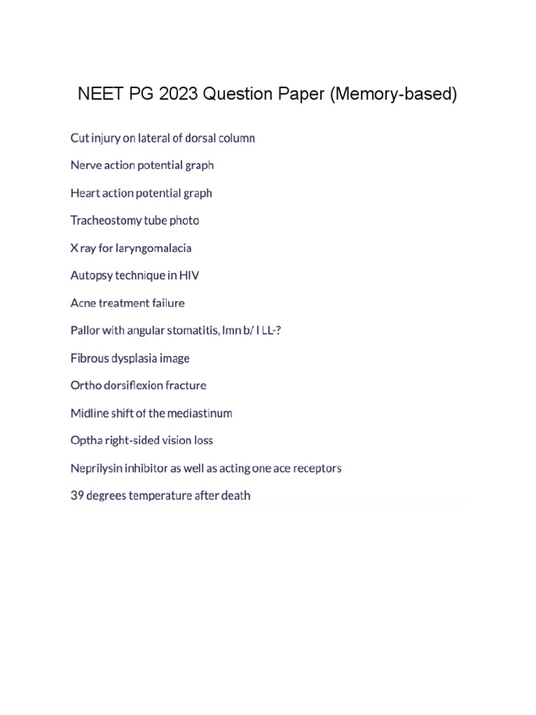 NEET PG 2023 Question Paper Memory Based | PDF