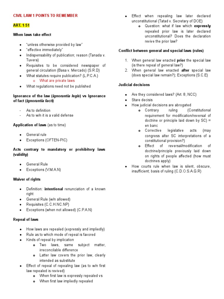Civil Law 1 Points To Remember | PDF | Repeal | Precedent