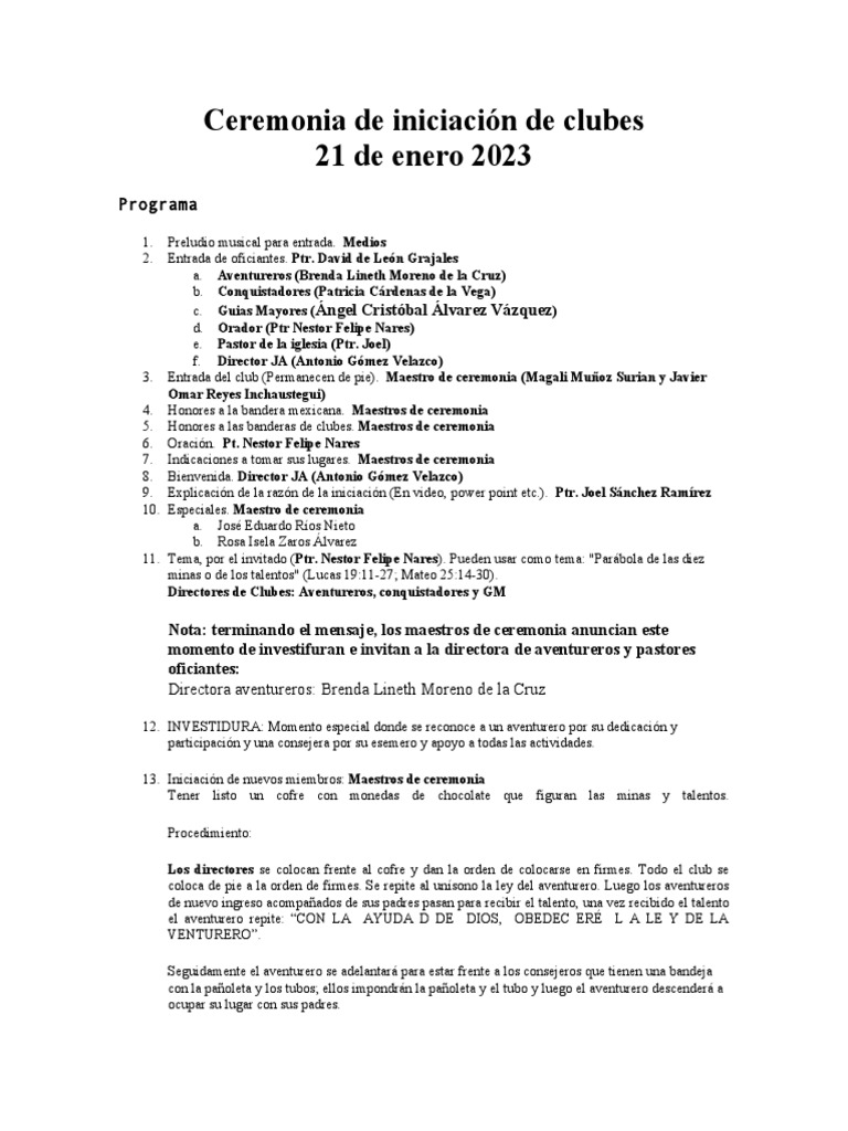 Programa de Ceremonia de Iniciación de Clubes | PDF | Cristo (título ...