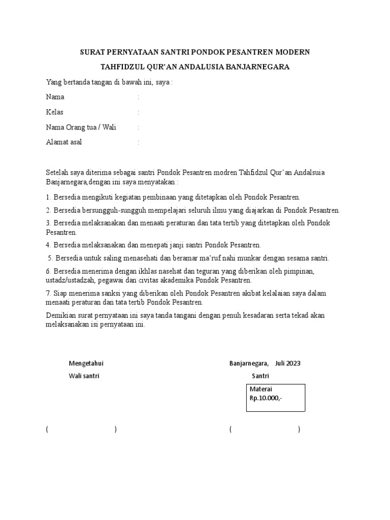 Surat Pernyataan Santri Pondok Pesantren Modern | PDF