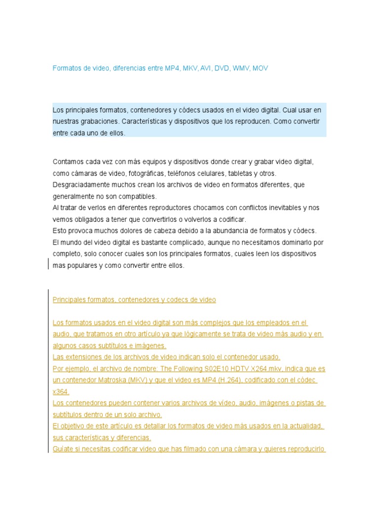 Formatos y códecs de video digital | PDF