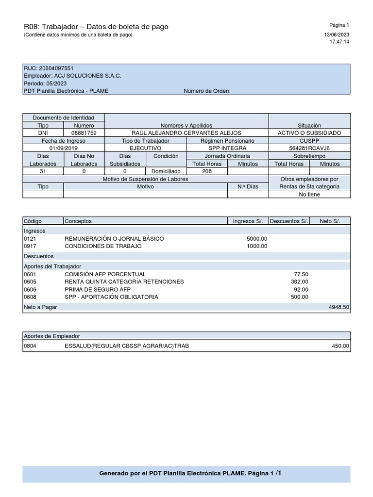R08: Trabajador - Datos de Boleta de Pago | PDF