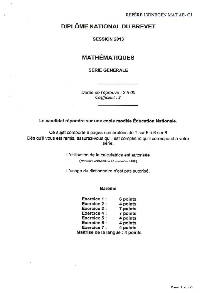 DNB MATHS Mauritanie | PDF
