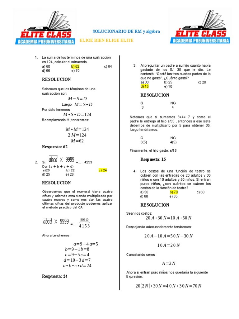 Solucionario de RM y Algebra | Descargar gratis PDF | Sustracción ...