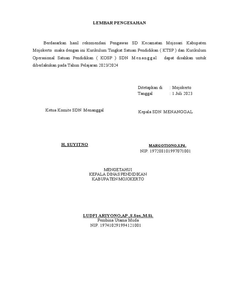 Lembar Pengesahan Kosp Dan KTSP | PDF