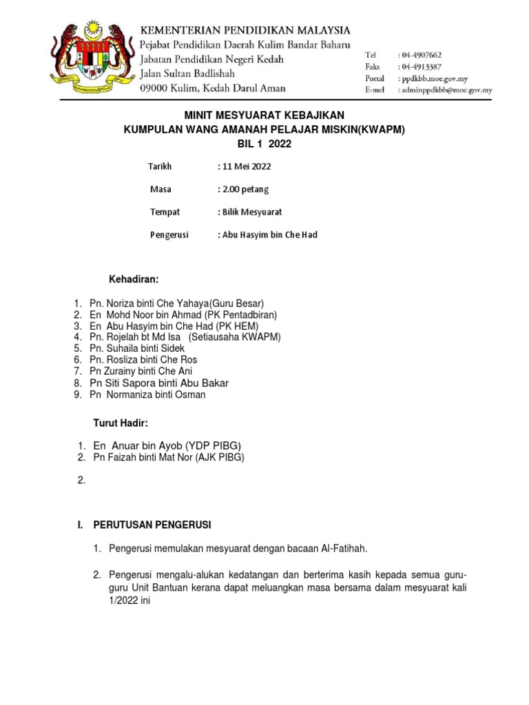 Minit Mesyuarat KWAPM Kali 1 2022 | PDF