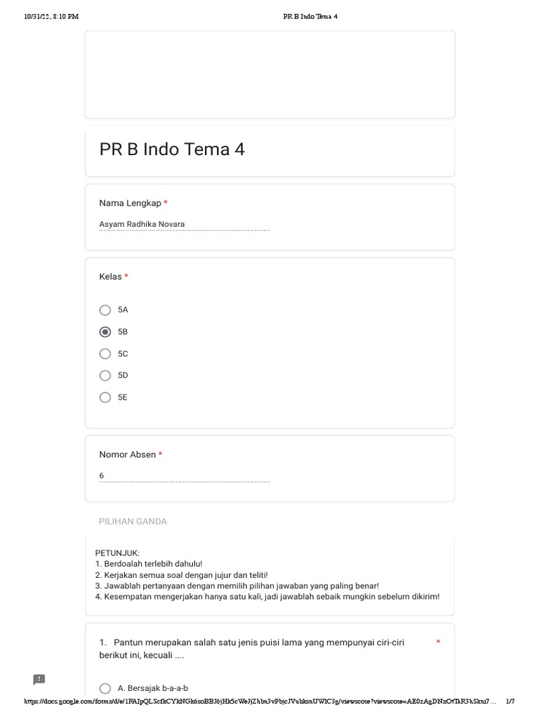 Soal PR Bahasa Indonesia Tema 4 | PDF