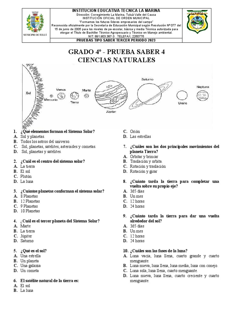 Prueba Del Sistema Solar Grado 4