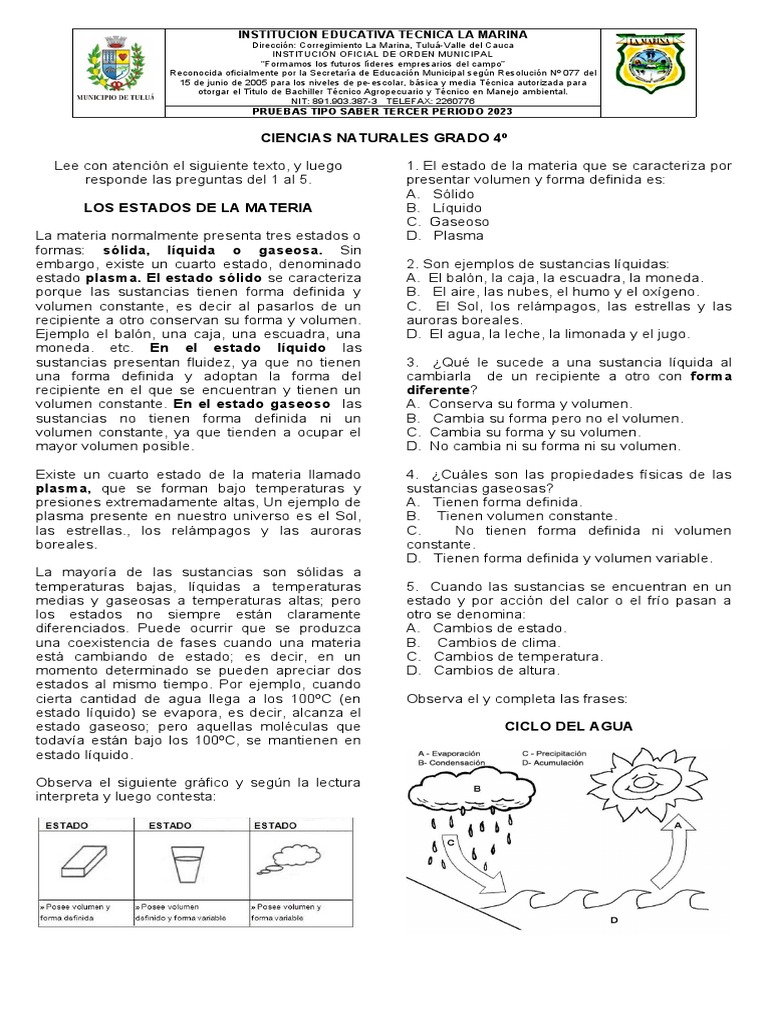 Prueba Grado 4º Estados de La Materia | PDF