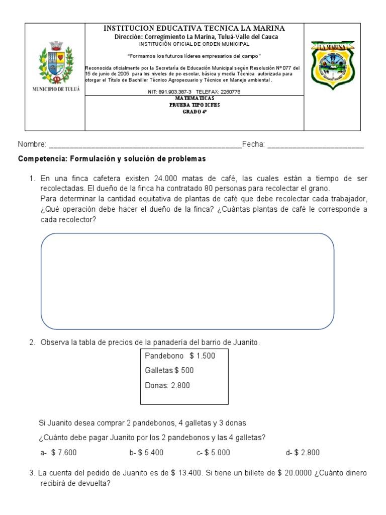 Prueba Tipo Icfes. Matemáticas. Grado 4° | PDF