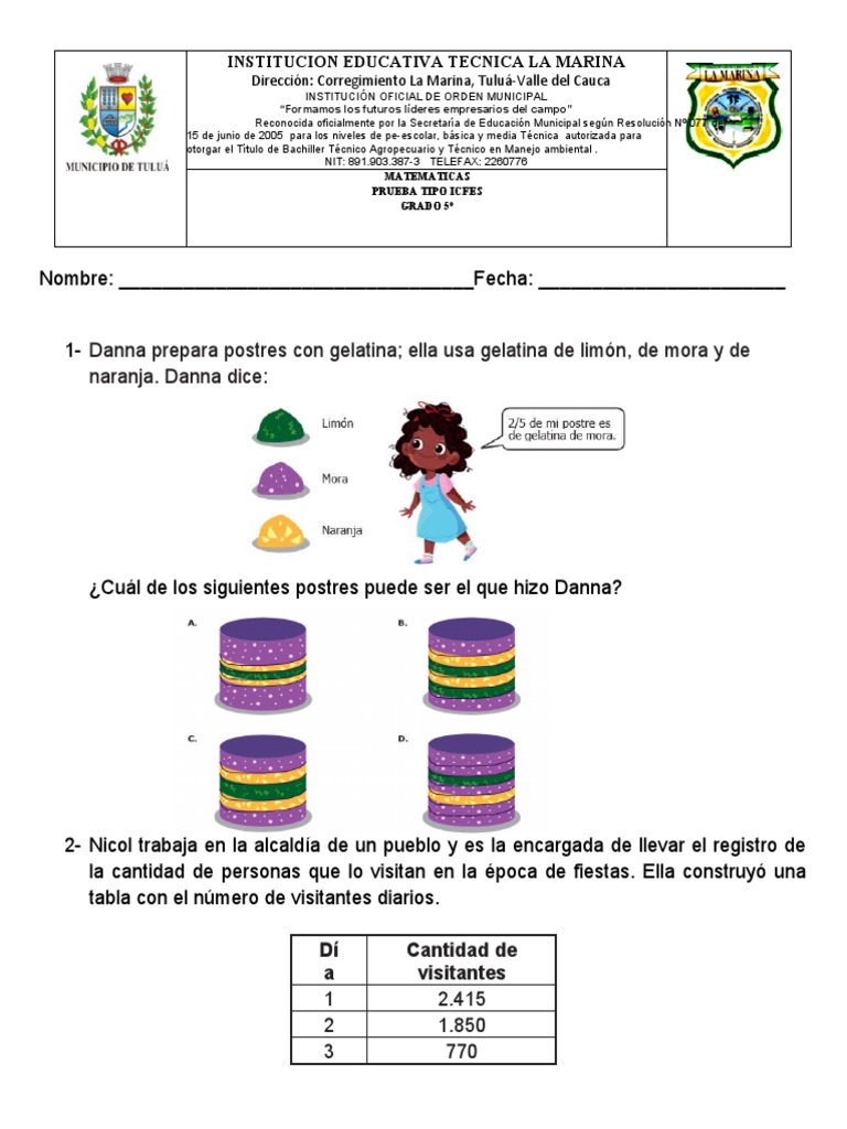 Prueba tipo Icfes. matemáticas. grado 5° | PDF