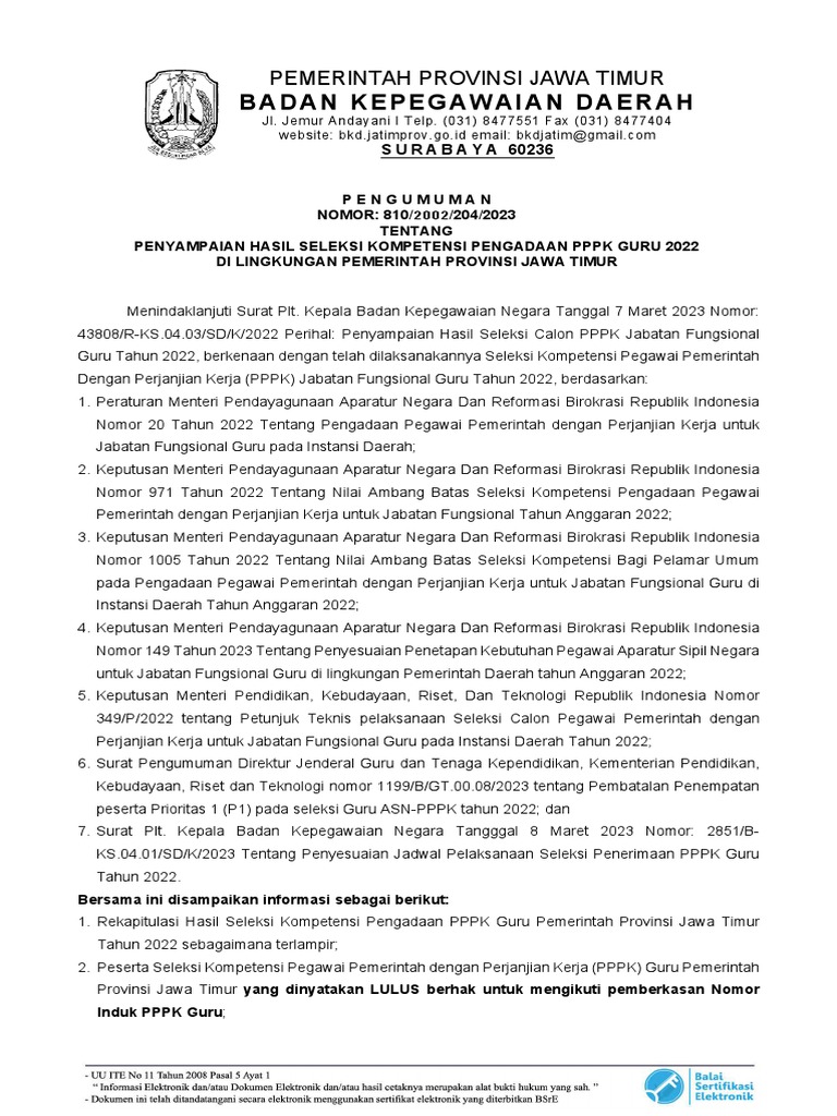 Pengumuman - Hasil Kelulusan PPPK Guru (2.447 Orang) - 9 Maret 2023 - Sign | PDF