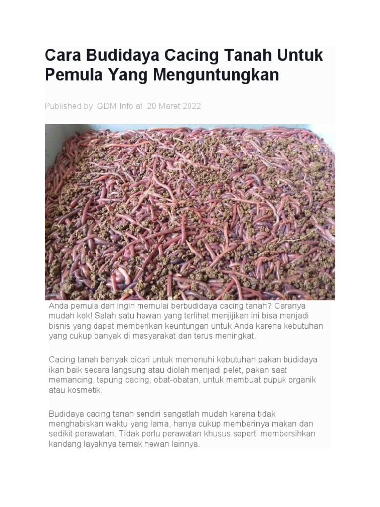 Cara Budidaya Cacing Tanah Untuk Pemula Yang Menguntungkan | PDF