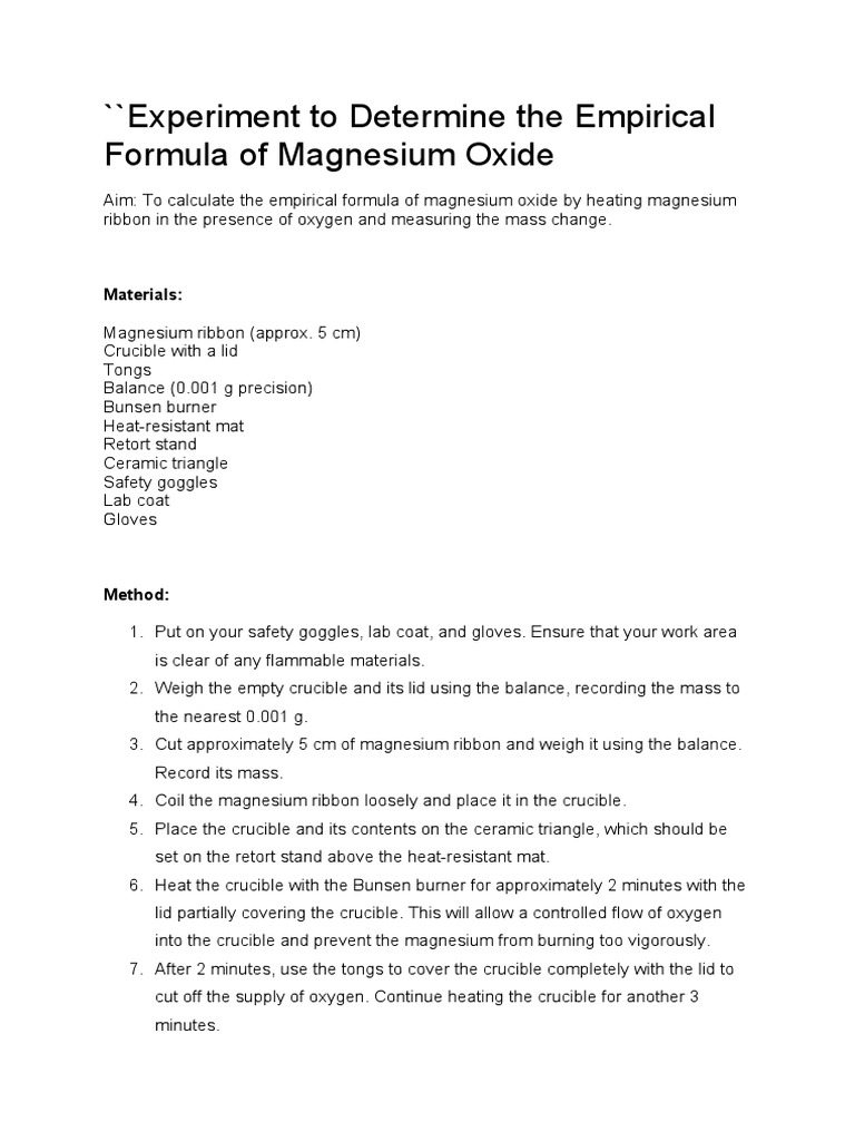 Experiment To Determine The Empirical Formula of Magnesium | PDF | Mole ...