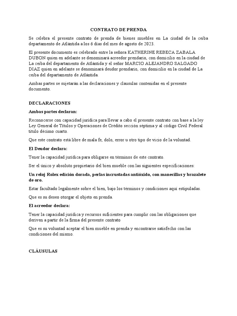 Contrato de Prenda | PDF | Pagos | Derecho privado