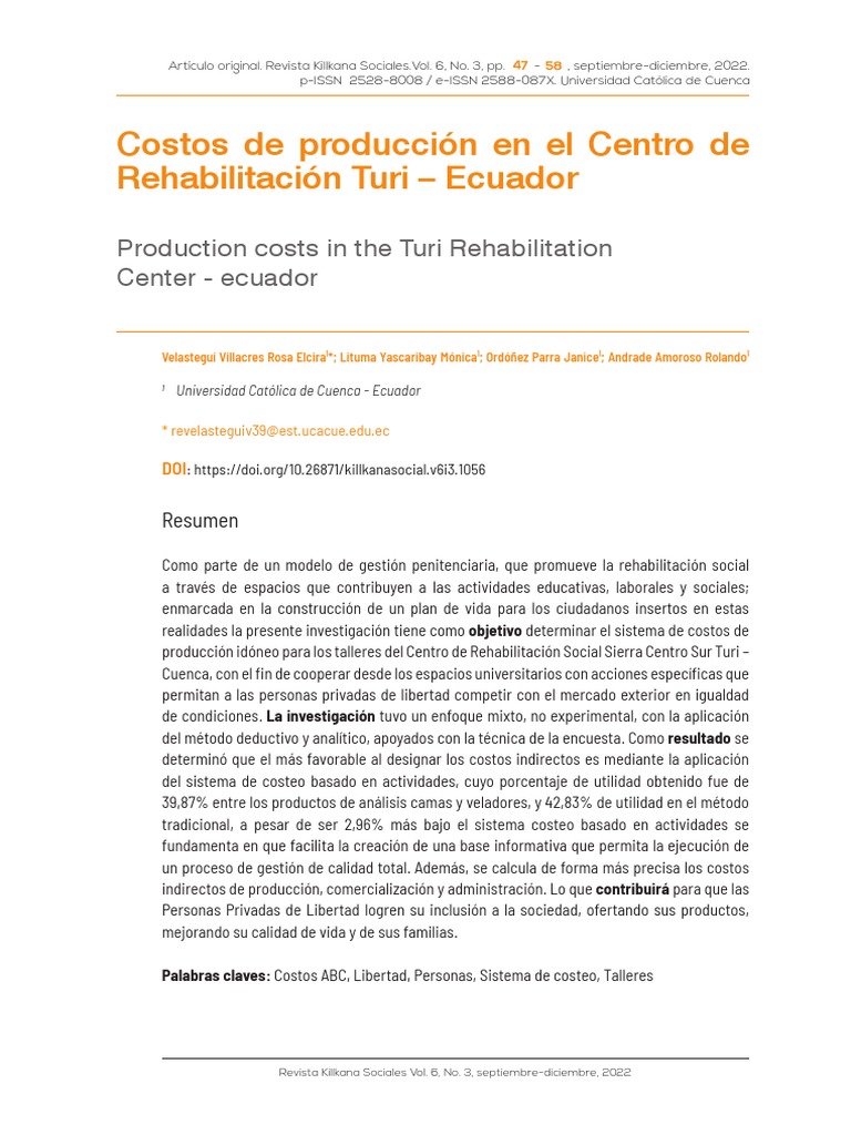 Costos de Producción en El Centro de Rehabilitación Turi - Ecuador | PDF