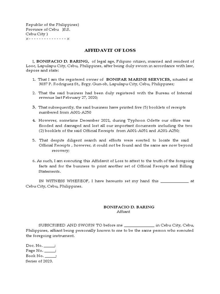 Affidavit of Loss for Official Receipts | PDF