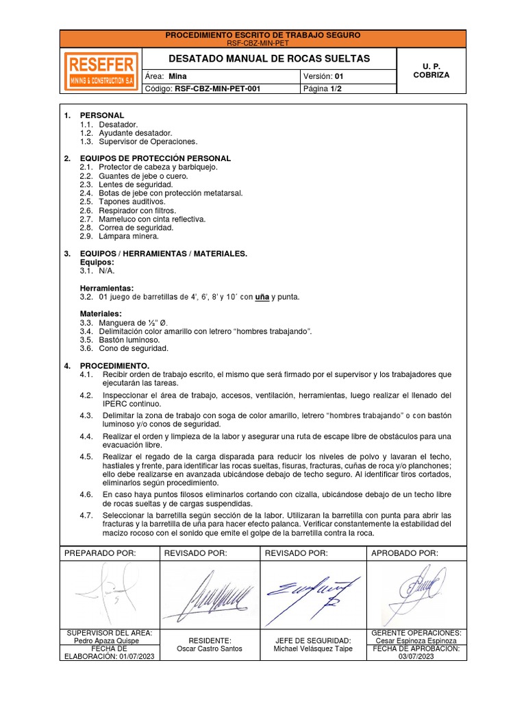 Rsf-Cbz-Min-Pet-001 - Desatado Manual de Rocas | PDF Rsf-Cbz-Min-Pet-001 - Desatado Manual de Rocas | PDF