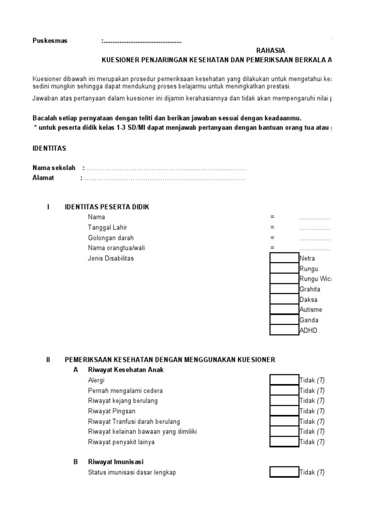 Kuesioner & Form Pemeriksaan Kesh Ausrem | PDF