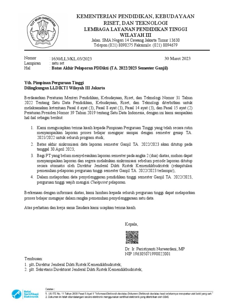 Surat Pemberitahuan Batas Akhir Pelaporan PDDikti TA. 2022 2023 ...