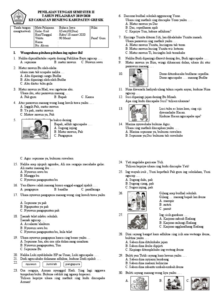Soal PTS 2 B Jawa KLS 1 | PDF