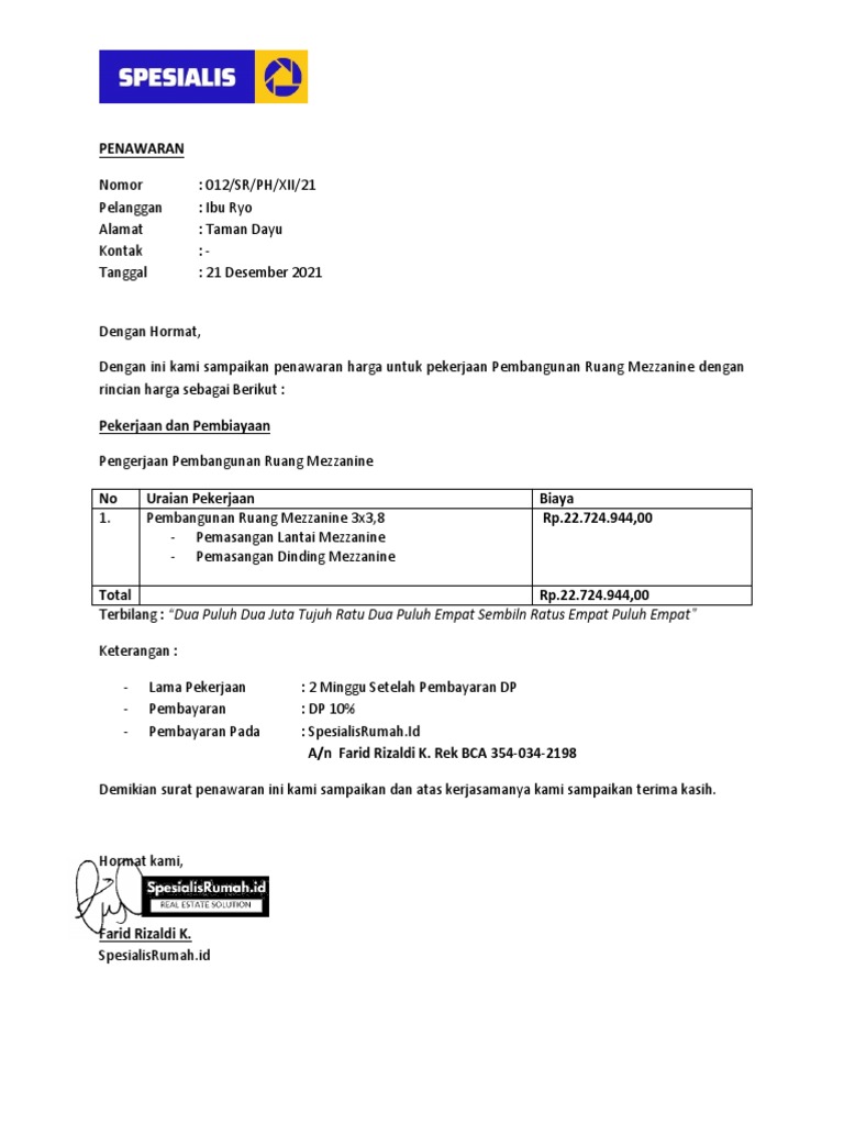 Penawaran Mezzanine Ibu Ryo | PDF