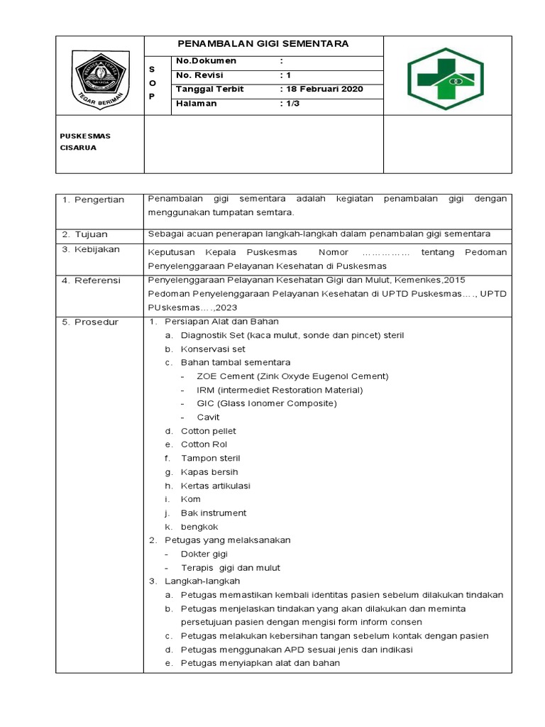 Sop Penambalan Gigi Sementara | PDF