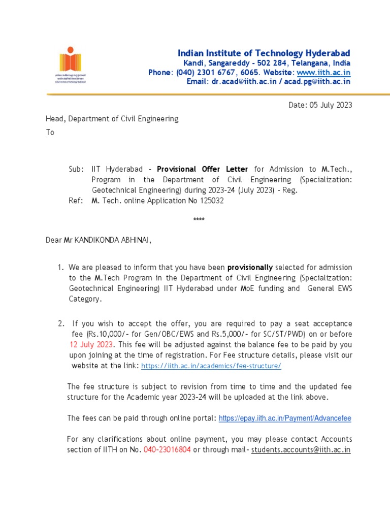 Offer Letter - M.Tech. | PDF