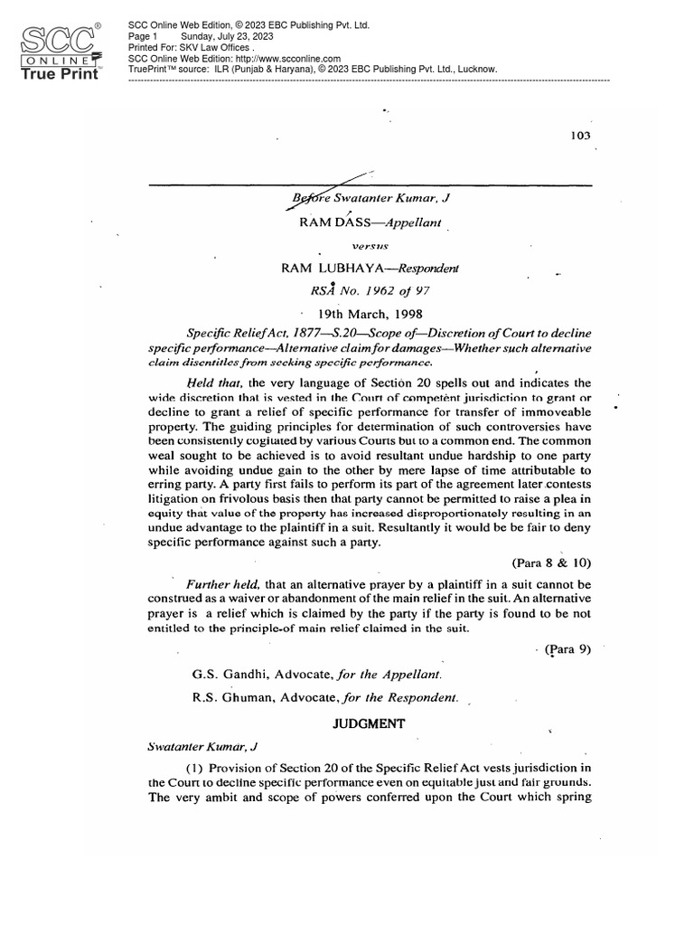 Specific Performance Of Contract Pdf 
