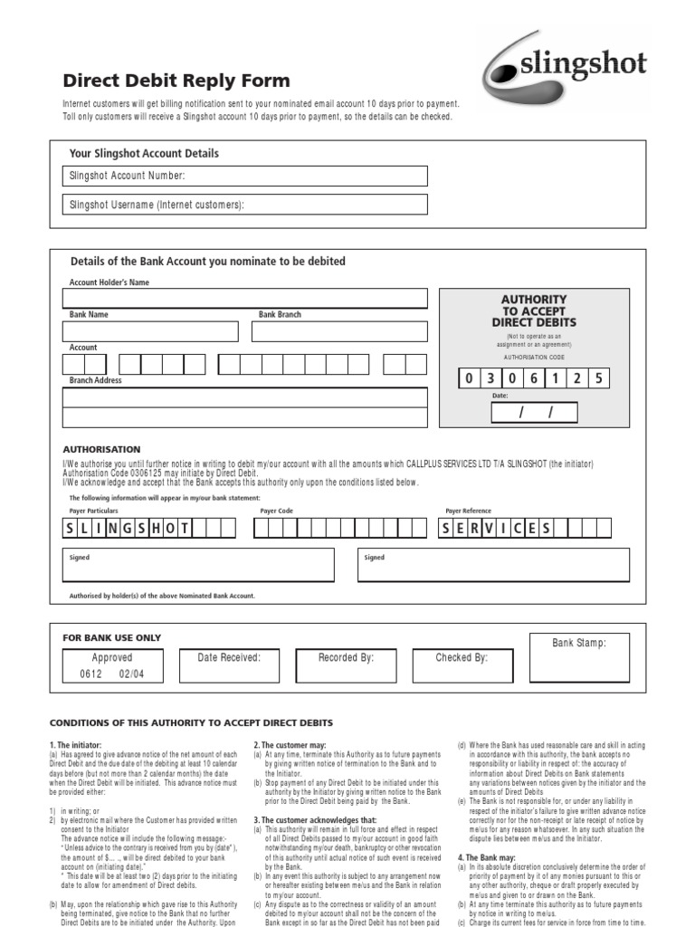Direct Debit Reply Form: Your Slingshot Account Details | PDF | Debit Card | Cheque