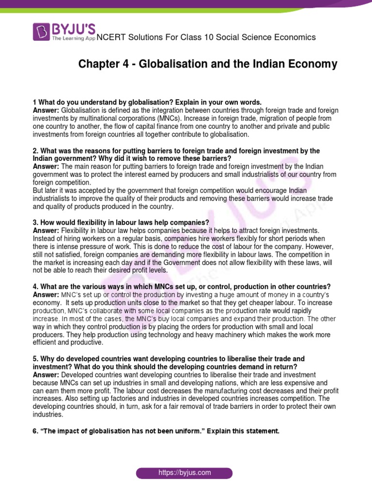 NCERT Solutions Class 10 Social Science Economics Chapter 4 | PDF | Globalization | Labour Economics