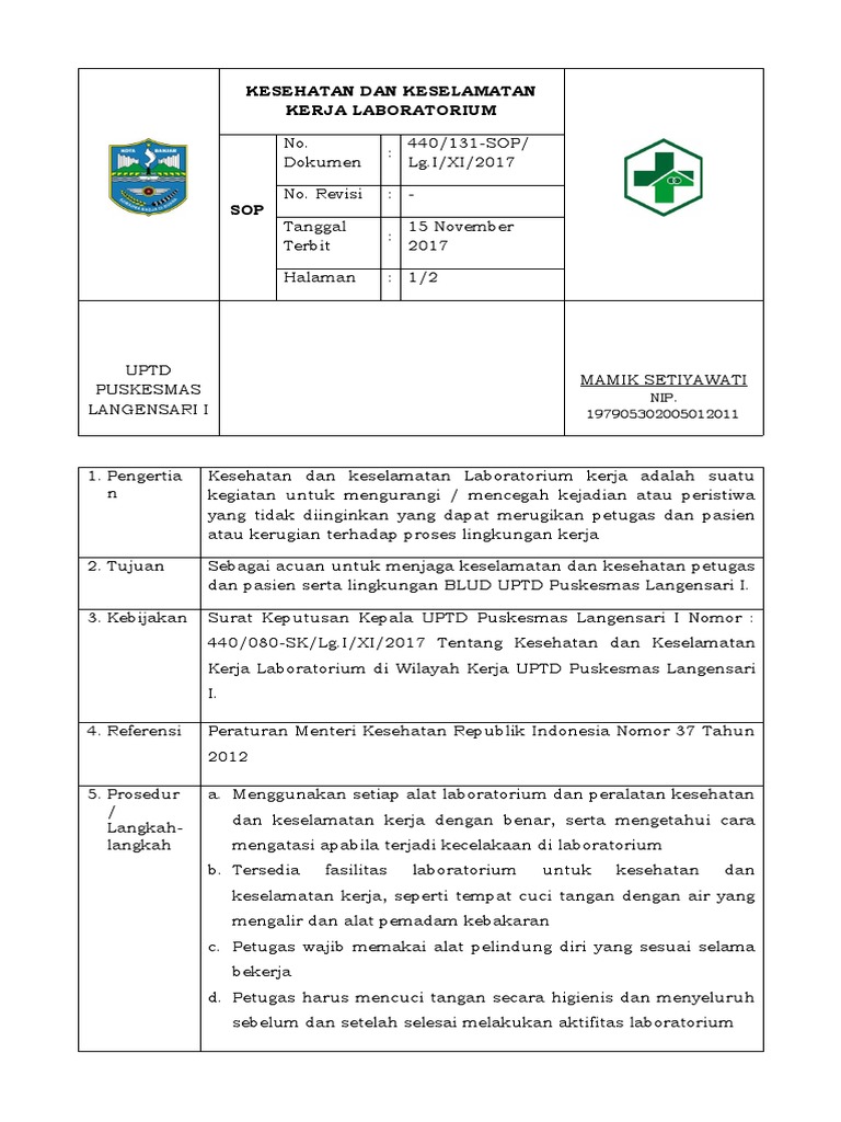 8.1.2.7 Sop Kesehatan Dan Keselamatan Kerja Laboratorium | PDF