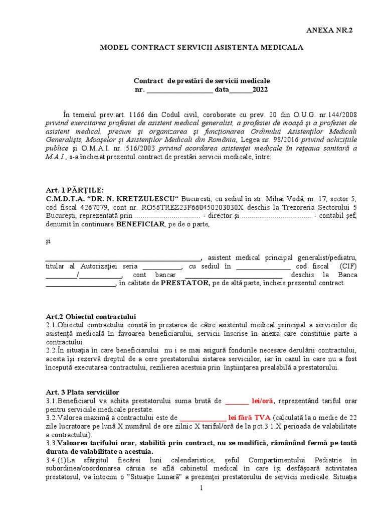 Model Contract Asistenta Medicala Anexa Nr.2 | PDF