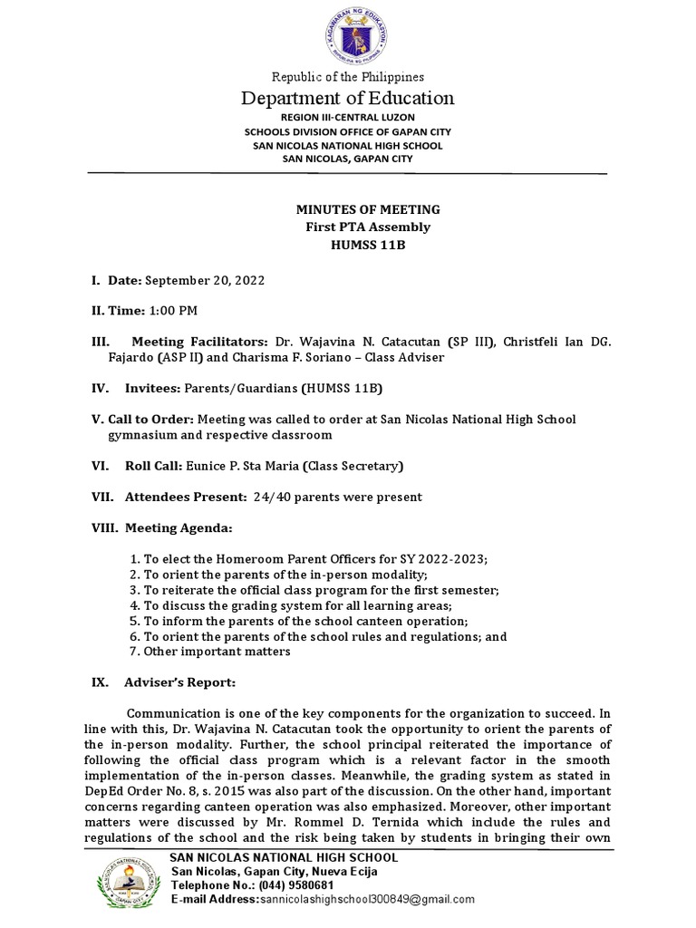 Minutes of First PTA Assembly 2022 | PDF | Behavior Modification | Learning