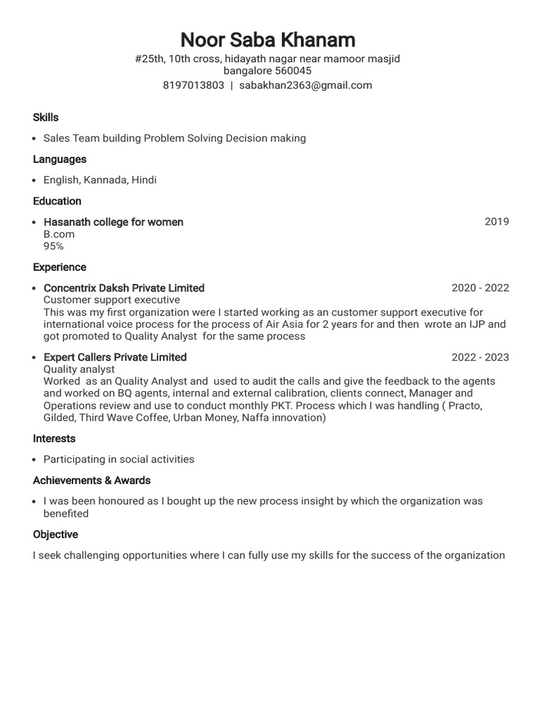 RESUME of Saba Khan | PDF