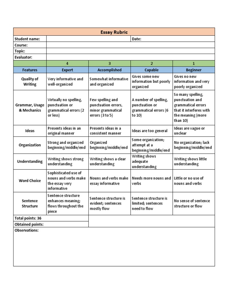 Essay Evaluation Rubric Guide | PDF