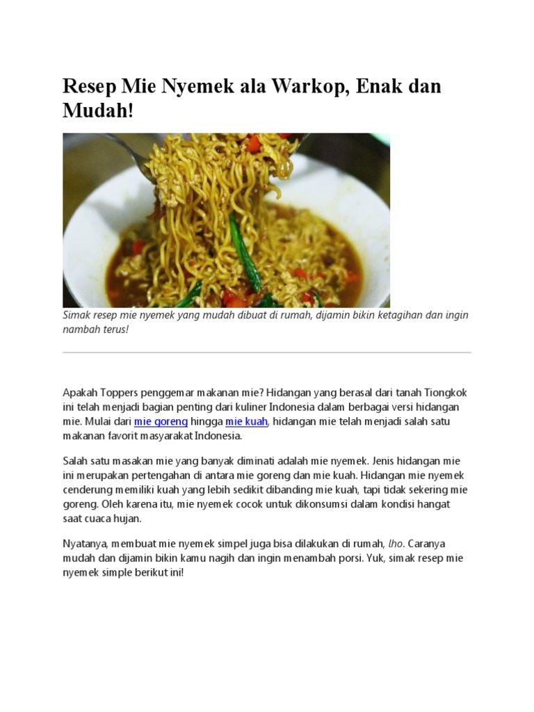 Resep Mie Nyemek Ala Warkop | PDF