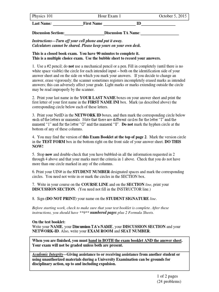 PHYSICS 101 - Exam Sample Questions | PDF | Force | Motion (Physics)