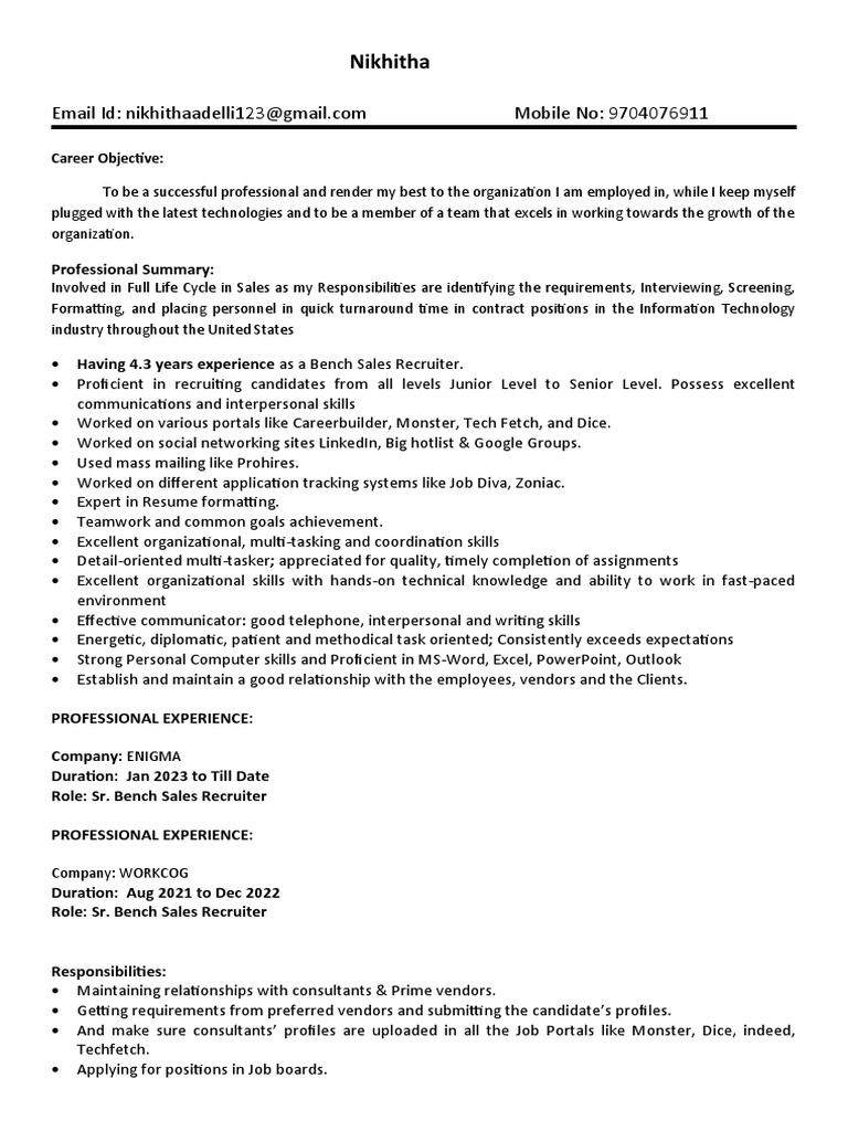Experienced Bench Sales Recruiter Resume | PDF