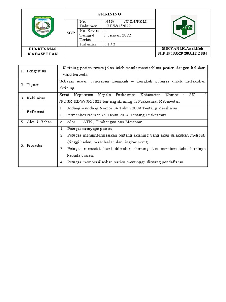SOP Skrining Puskesmas Kabawetan | PDF