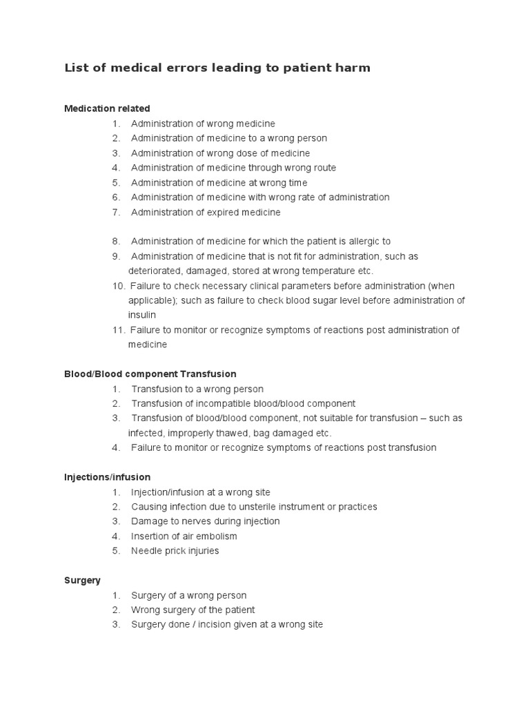 List of Medical Errors Leading To Patient Harm | PDF