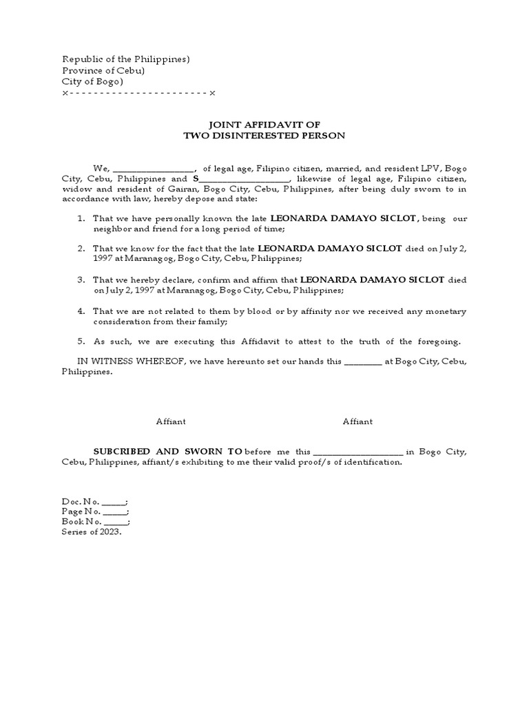 Joint Affidavit of Death Confirmation | PDF