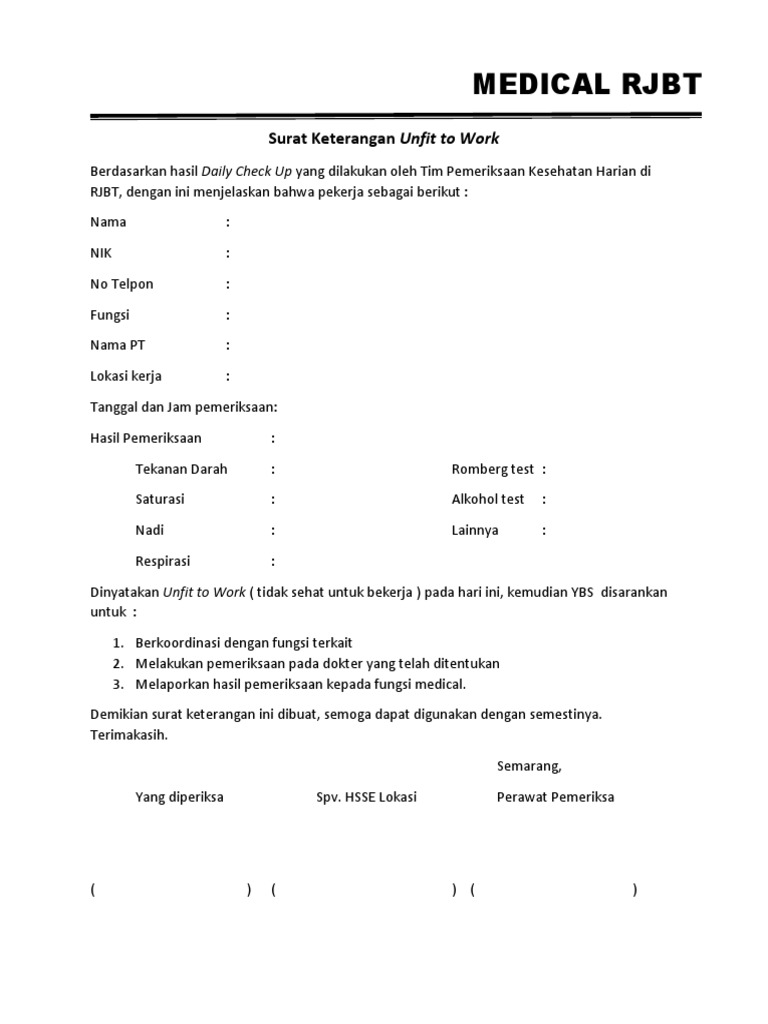 Surat Keterangan Unfit To Work Harian Baru | PDF