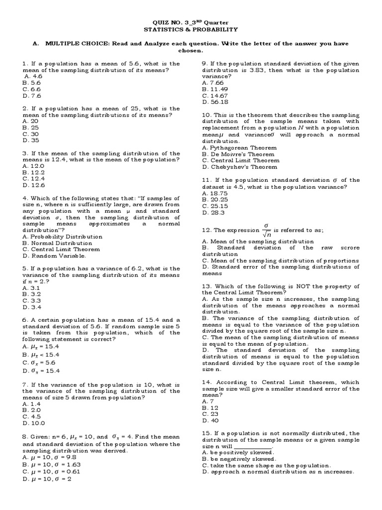 Statistics & Probability Practice Test 3 | PDF | Variance | Standard ...