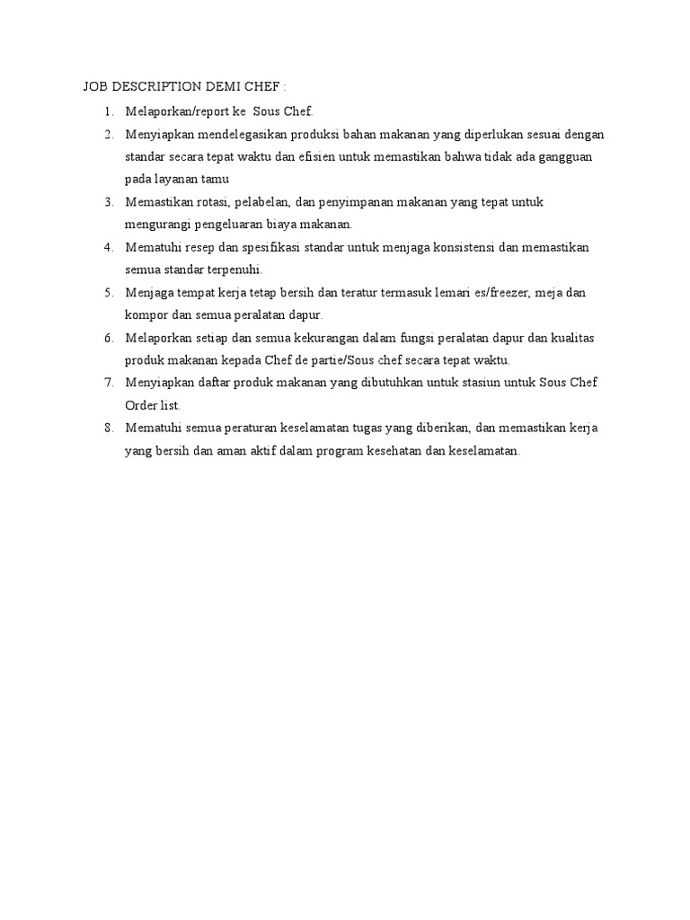 Job Description Demi Chef | PDF