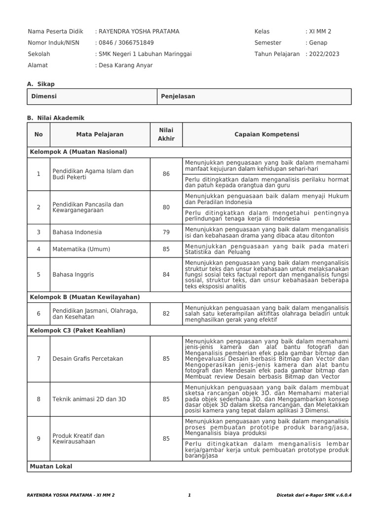Rapor Rayendra XI MM 2 | PDF